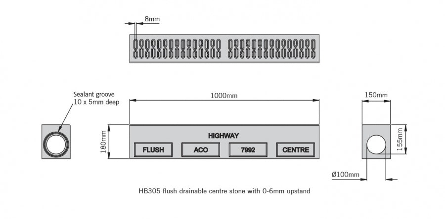 ACO KerbDrain HB305 Half Battered Flush Drainable Centre Stone 1000mm ...