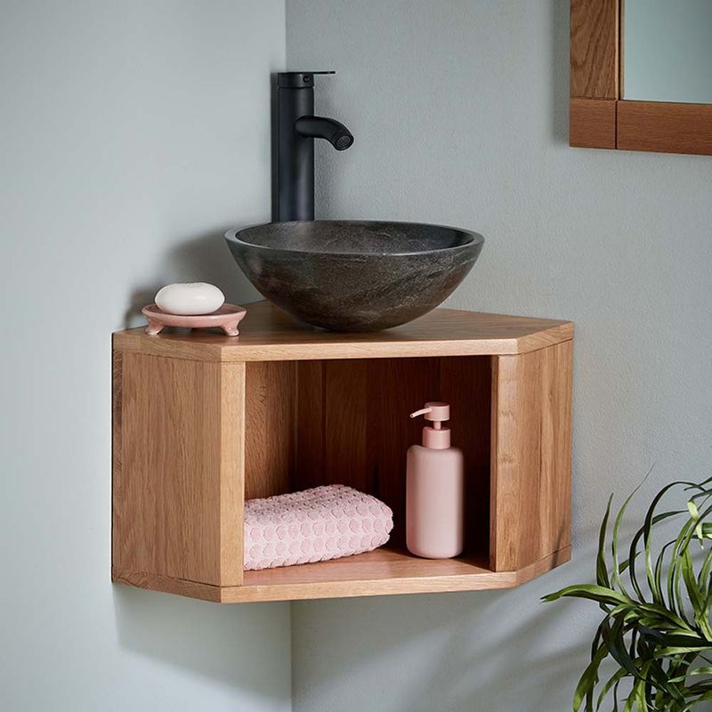 Vieste Natural Black Stone Round Basin & Dema Corner Oak Shelf ...