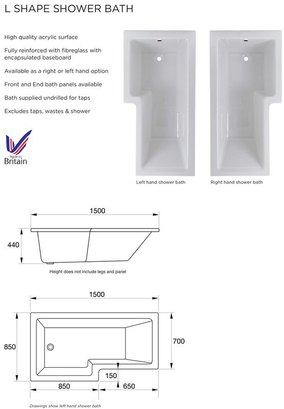 Essential Kensington 1500mm x 850mm L Shape Right Handed Shower Bath ...