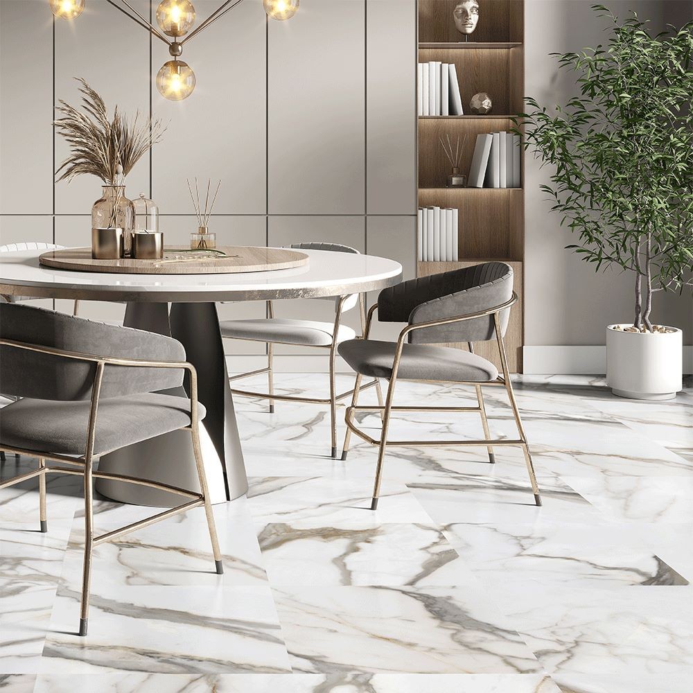 Granada Gold Marble Effect Matt Porcelain Floor Tile - 600mm x 600mm ...