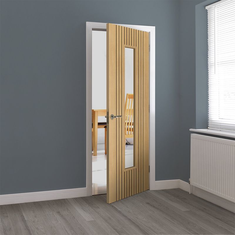 JB Kind Aria Fluted Oak Laminate 1 Light Clear Glass Internal Door ...