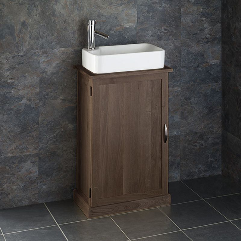 DISCON - Narrow Dark Oak Cabinet & White Ceramic Shallow Bathroom Basin ...