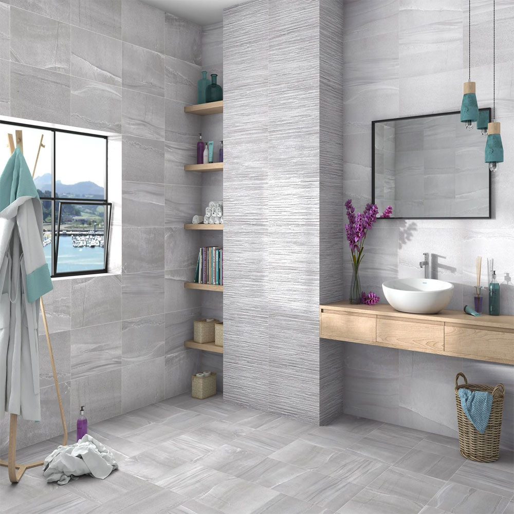 Stone Mix Gloss Dark Grey Ceramic Floor Tile 450mm x 450mm