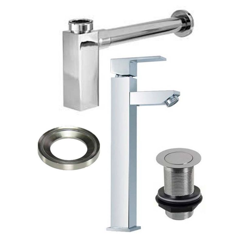 Tall Square Chrome Tap with Unslotted Waste, Bottle Trap & Mounting ...
