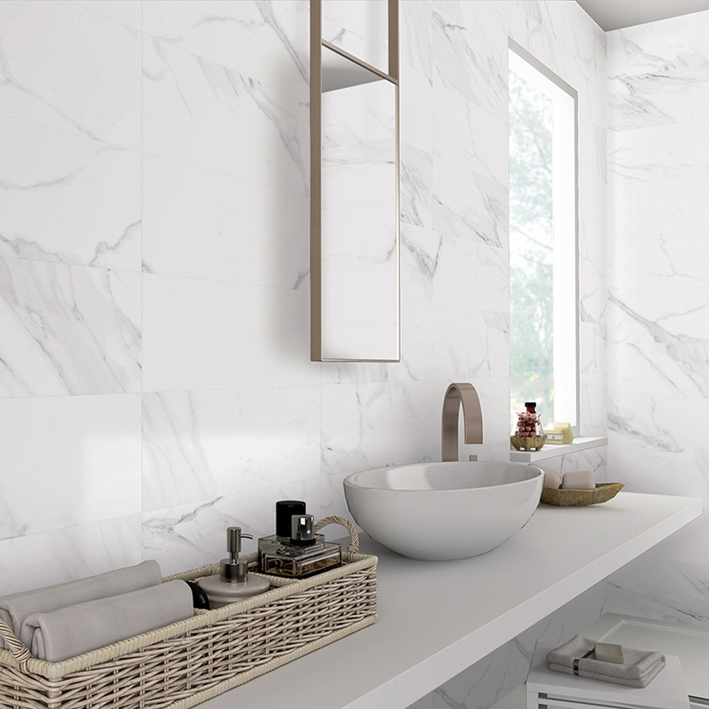 White Marble Effect Satin Rectified Porcelain Wall Floor Tile 600mm x 300mm Plumbing Superstore